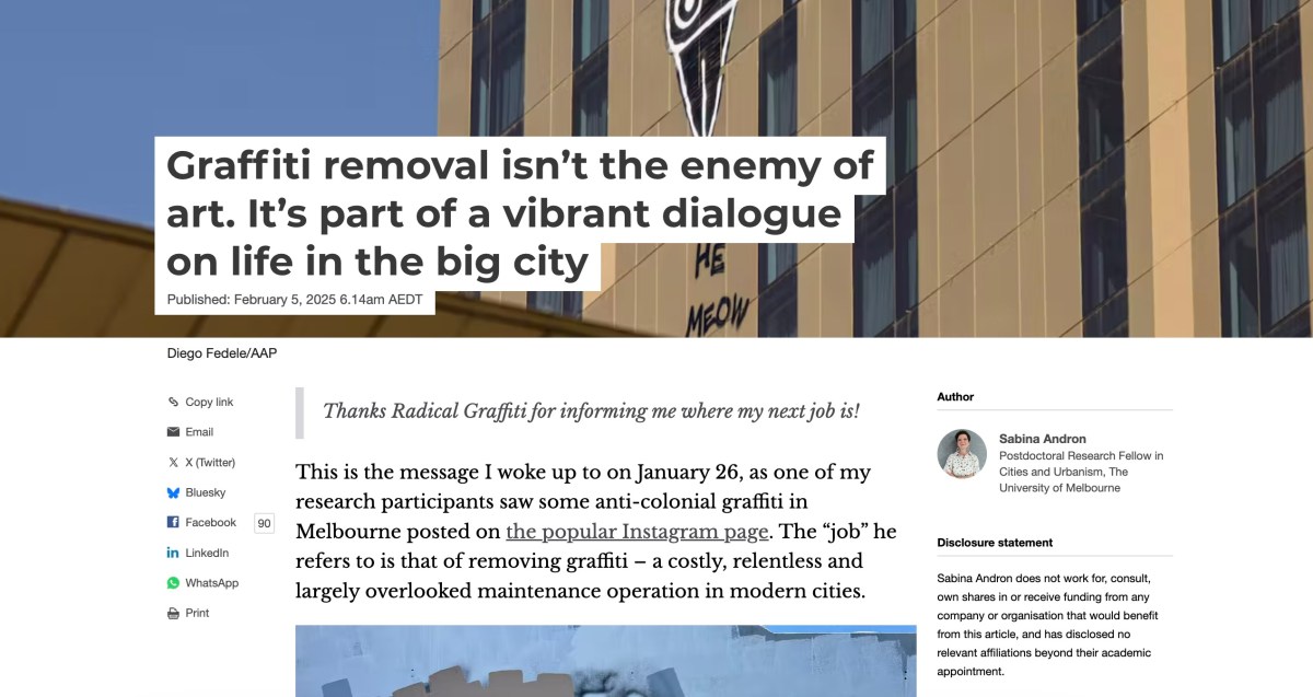 Article on graffiti removal out now in The Conversation – SABINA ANDRON